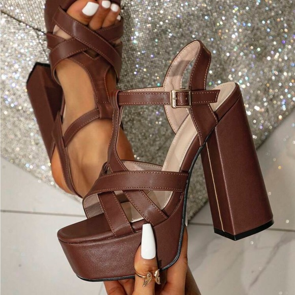 Rebellious Rose | Shoes | Womens Brown Strappy Chunky Heel Sandals ...